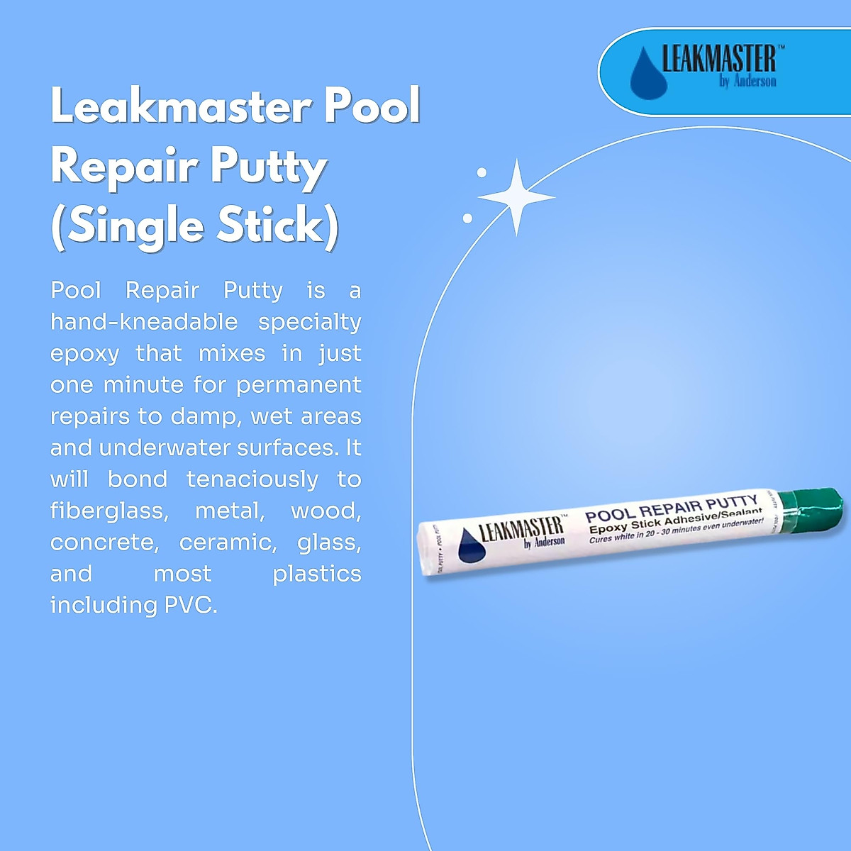Pool Putty Epoxy Single Stick Leak Sealer for Leakmaster Anderson Manufacturing - Convenient & Versatile Pool Putty for Leaks Underwater -DIY Waterproof Epoxy Putty Stick for Spa & Hot Tub Leak Sealer