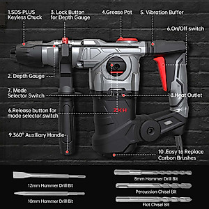 ZKH 1-1/4" SDS-Plus Rotary Hammer Drill for Concrete, 12.5 Amp Corded Heavy Duty Rotary Hammer with Safety Clutch, 4 Functions Vibration Control, Includes Chisels, Drill Bits, Grease and Carrying Case
