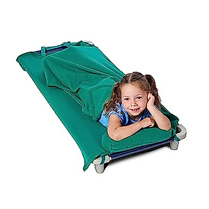 ROLLEE POLLEE Nap Sac Roll Up Napping Blanket with Attached Pillow for Preschool/Daycare, Super Soft with Elastic Straps, Fits Most Mats and Cots (Green)
