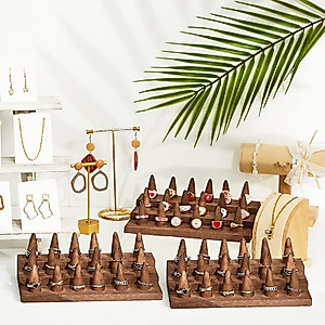 Juexica Wood Ring Display, 4 Pcs Ring Display Stand, 18 Fingers Ring Holder, Wood Jewelry Display for Ring Organizer Show Storage, Brown