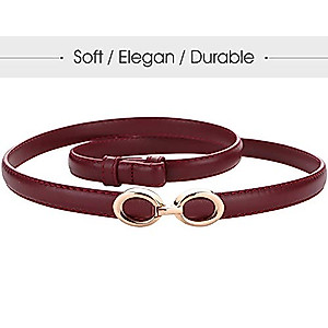 ALAIX Women's Leather Skinny Belt for Dress Adjustable Thin Waist Belt for Lady Waistband with Golden Buckle Winered