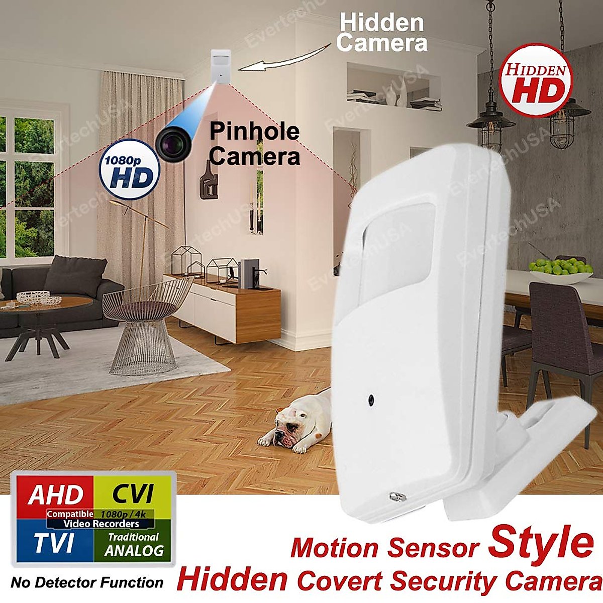 Evertech 1080p Hidden Nanny Covert PIR Security Camera with Night Vision, Day Night Motion Detector Style AHD TVI CVI Analog Camera Only Indoor Using