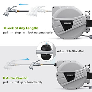 Retractable Garden Hose Reel Wall Mounted, 1/2 Inch x 100 ft + 6.6 ft Semi-Automatic Hose Reel with Brass Connector, 9 Pattern Hose Nozzle, Auto Rewind, Any Length Lock and 180° Swivel Bracket