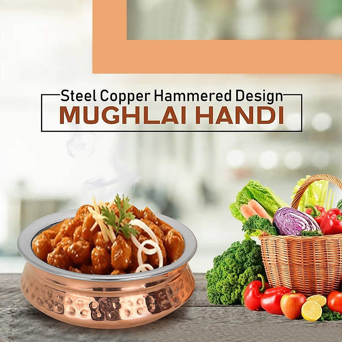 Zap Impex Set of 2, Copper Tableware Serving Bowl Indian Serveware Handi Set, Tureen Copper Stainless Steel Serving Dishes For Serving your favourite Dish with a Traditional Touch (No: 2 (15 cm))