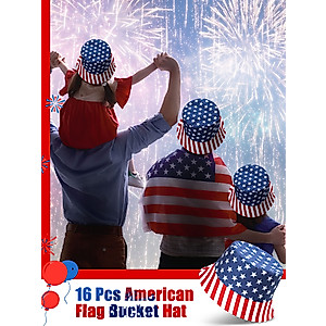 16 Pcs American Flag Bucket Hat Packable 4th of July Fisherman Hats USA Bucket Hat Patriotic Summer Travel Beach Sun Hat for Women Men