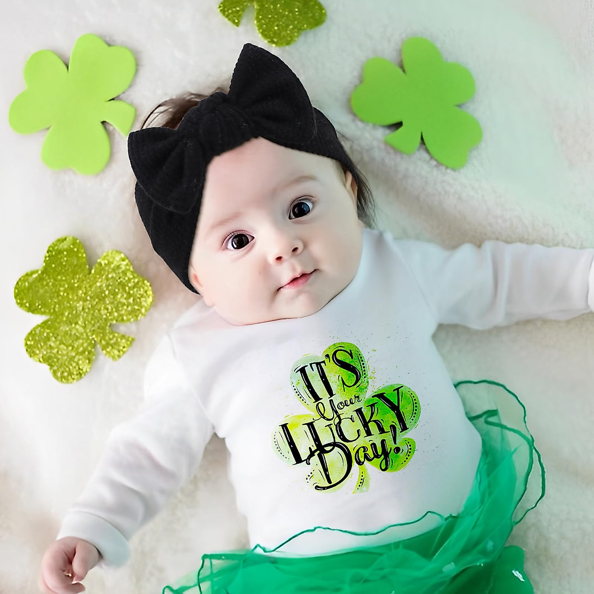 Lanmerry St. Patrick's Day Baby Headbands with Bows Green Baby Bow Waffle Elastics Baby Hair Bows Hair Accessories Newborn Infant Toddler Hairbands Headwrap Kids 3 Packs Black White Green