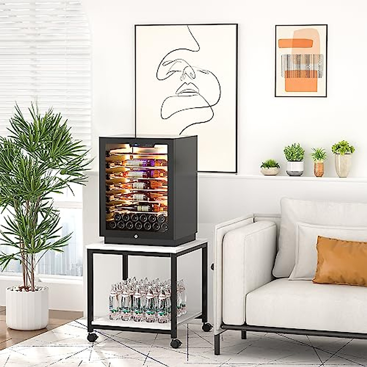 Homieasy Mobile 20 Inch Square End Table, 2-Tier Mini Fridge Printer Stand with Lockable Wheels, Metal Wood Accent Modern Simple Industrial Style Side Table for Living Room Bedroom, White