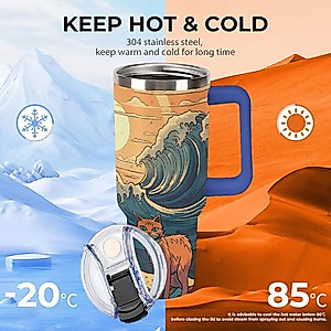 LLUTSNTH 40 Oz Vacuum Tumbler with Deep Blue Handle Leakproof Insulated Tumbler Anime Style Cat Stainless Steel Travel Mug with Lid And Straw Coffee Cup Cute Water Bottles Cup Holder Friendly