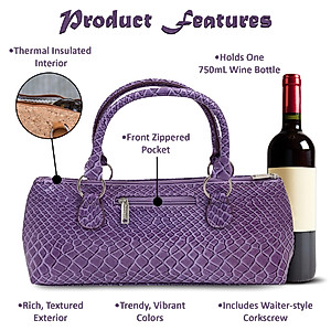 Primeware Wine Clutch Bag (Thermal Insulated) Trendy Women’s Carry Tote | Holds Red & White 750mL Bottles | Trendy Fashion | Incl. Portable Waiter-Style Corkscrew (Purple Burmese)