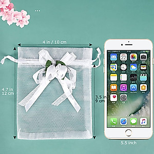 HRX Package White Rose Organza Bags 50pcs, 4 x 4.7 inch Small Mesh Drawstring Gift Bags Jewelry Pouches for Wedding Favor Christmas Candy