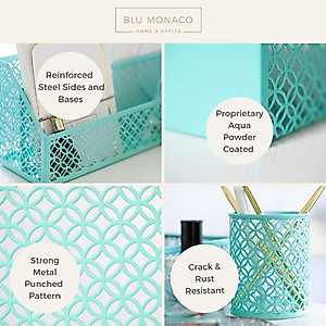BLU MONACO Aqua - Teal 6 Piece Cute Desk Organizer Set - Desk Organizers and Accessories for Women - Cute Office Desk Accessories - Desktop Organization