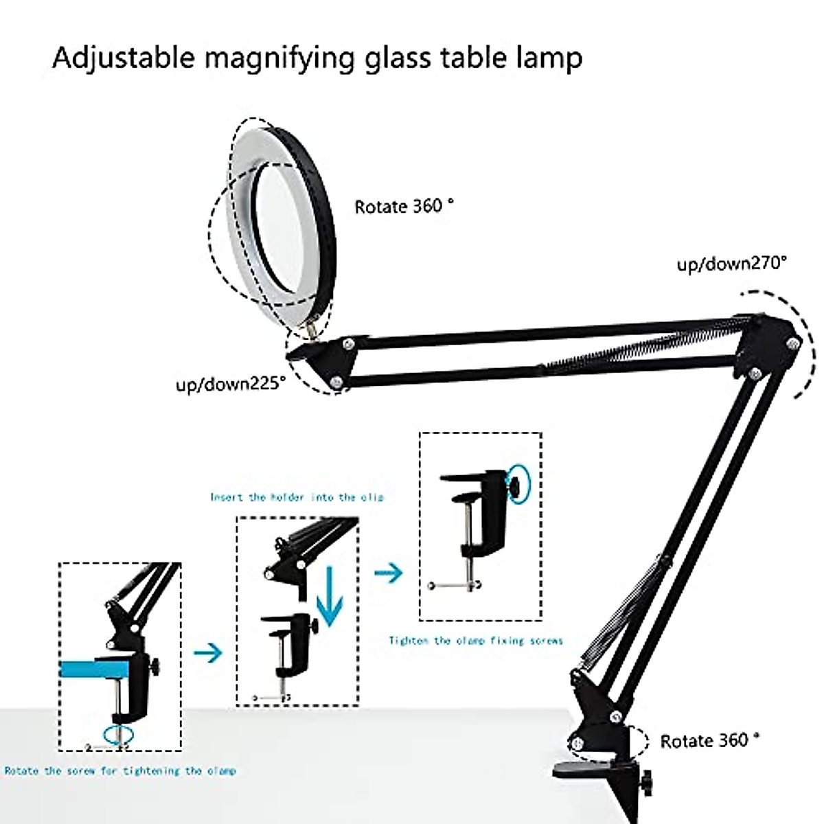 Magnifying Desk Lamp, Magnifying Glass with Light and Stand, 3 Color Modes, Magnifying Lamp with Clamp, Adjustable Swivel Arm with Light to Read Close Work (Black)