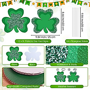 12 Pieces Shamrocks St. Patrick's Day Yard Sign with 24 Stakes Saint Patrick's Day Plastic Ornaments for Outdoor Decorations