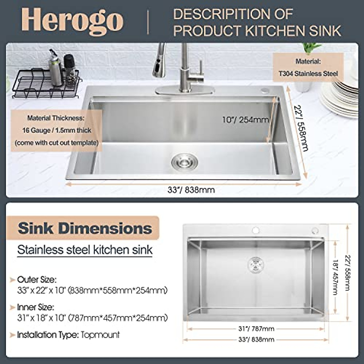 Herogo 33"X22" Workstation Kitchen Sink, 10 Deep Drop In Stainless Steel Topmount Single Bowl 2-Hole R10 Tight Radius Large Kitchen Sinks with Kit of 5 Accessories