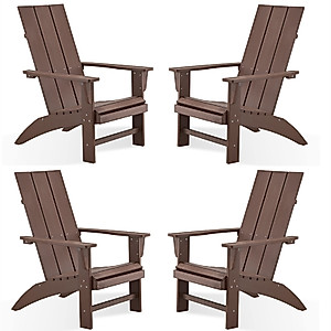 Psilvam Modern Adirondack Chairs Set of 4, Oversized Poly Lumber Fire Pit Chair, 350 Lbs Support Patio Chairs for Garden, Weather Resistant Adirondack Chair Looks Like Real Wood (4, Brown)