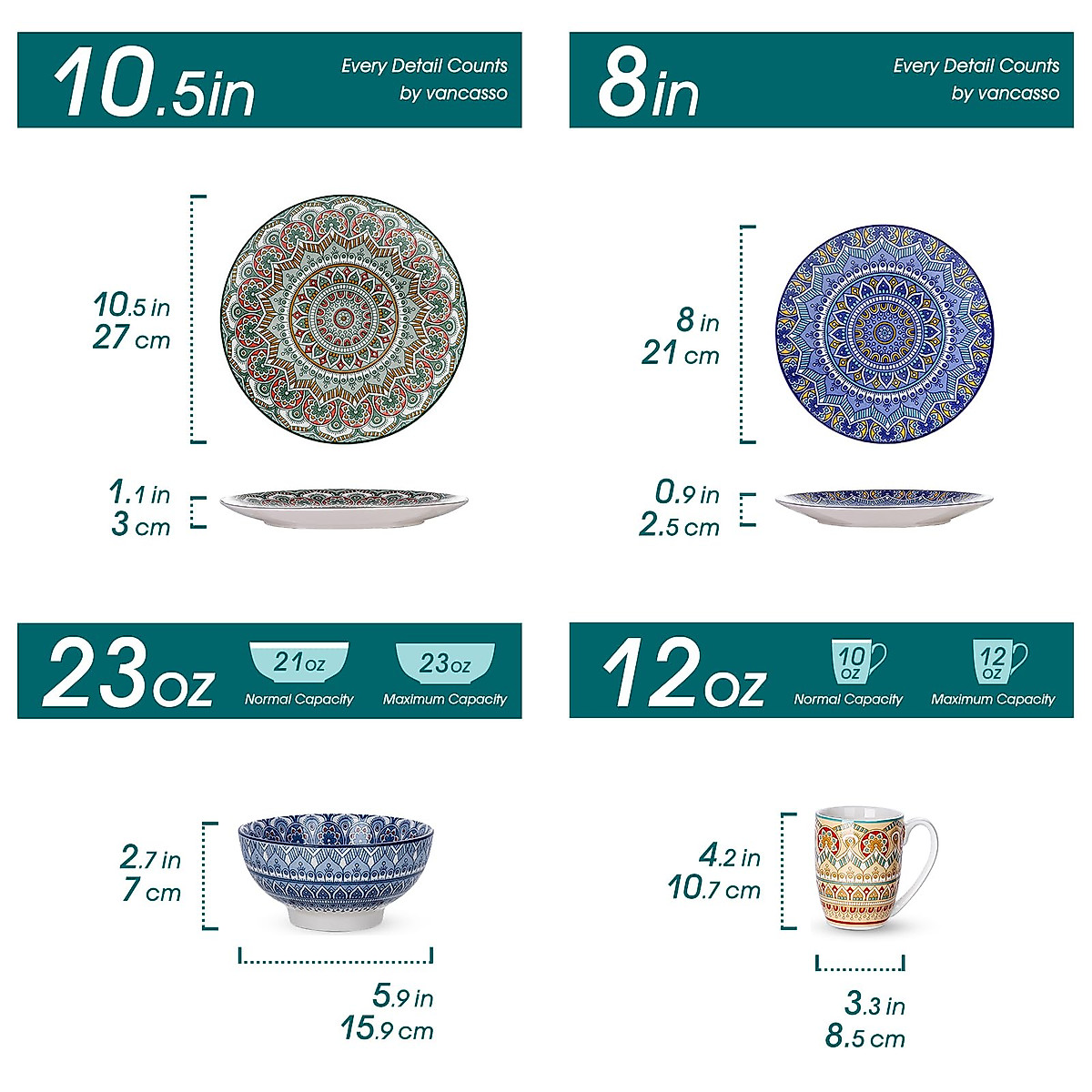 vancasso Mandala Dinnerware Sets 16 Pieces Porcelain Dinner Set for 4 Boho Plates and Bowls Dish Set with 10.5in Dinner Plates, 8in Dessert Plates, 6in Bowls and 13oz Mugs