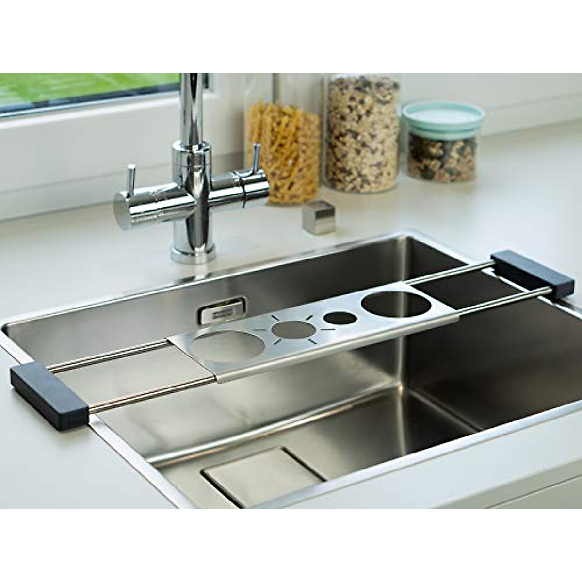 Sanni Shoo Drip.it | Multifunctional Space Saving Stainless Steel Kitchen Sink Caddy | Bottle Holder | Compatible with Sodastream Bottles for Aqua Fizz, Penguin and Other Bottles | Drainer & Organizer