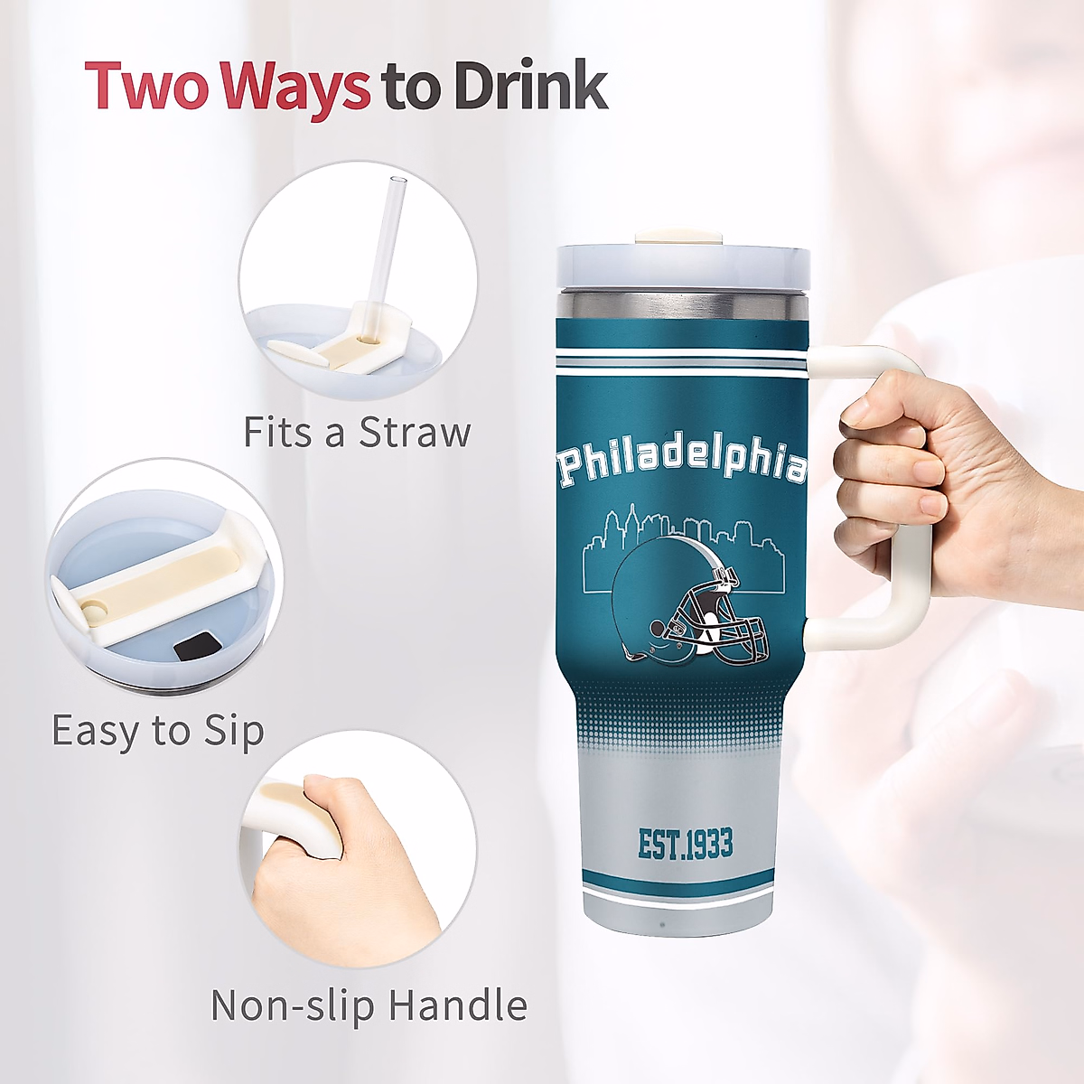 MRSAHLV Insulated Coffee Tumbler, 40oz Stainless Steel Vacuum Travel Mug Cup with Handle and Straw Lid, Reusable Water Bottle Cupholder for Football Fan Cold or Hot Drinks