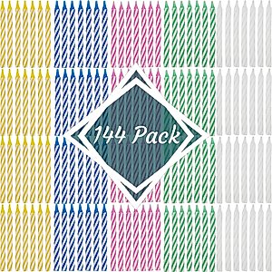 Mighty Merchandise Unscented Traditional Birthday Candles (Pack of 144) - Yellow, Blue, Pink, Green and White Stripped Colors - 4 Boxes of 36