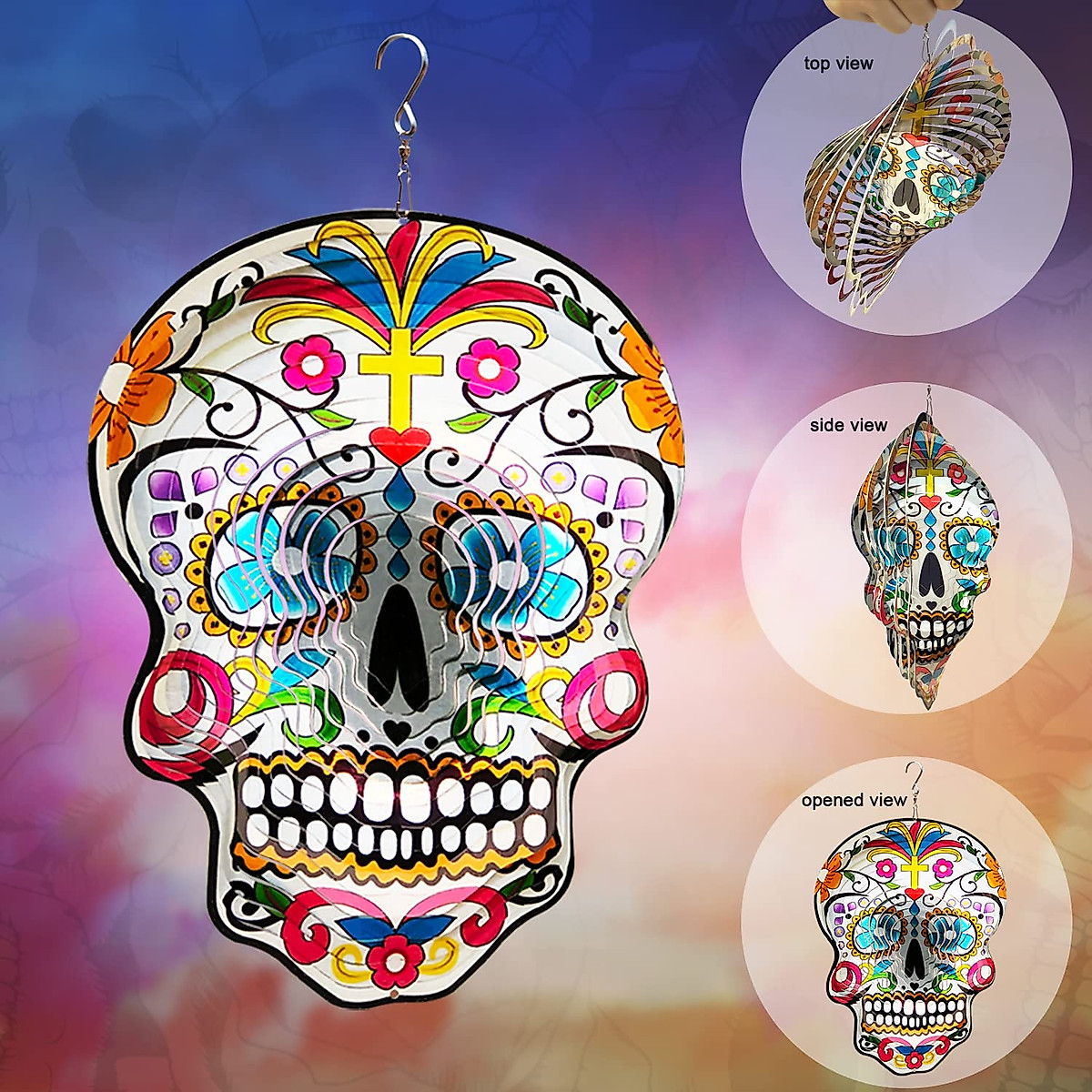 Fonmy Kinetic 3D Metal Garden Wind Spinner Unique Gifts Outdoor Decorations Quality Hanging Ornament for Home and Garden 12inch Mandala Silver Sugar Skull Wind Spinners