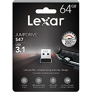 Lexar 64GB JumpDrive S47 USB 3.2 Gen 1 Flash Drive for Storage Expansion and Backup, Up To 250MB/s Read, Compact Plug-n-Stay, Black (LJDS47-64GABBKNA)