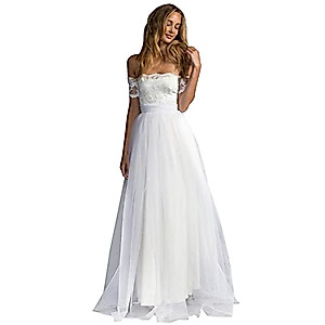 Women's Off Shoulder Long Ruched Tulle Evening Dresses Bridesmaid Dresses Wedding Guest Dresses for Women Lace Splice White