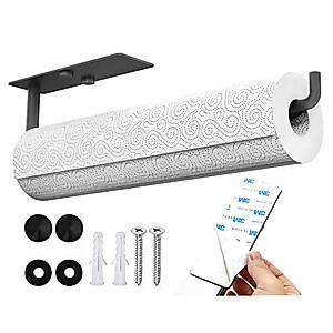 Paper Towel Holder Under Cabinet, Wall Mount Paper Towels Rack for Kitchen, Self Adhesive Hanging Paper Towel Holders for RV Camper, Black