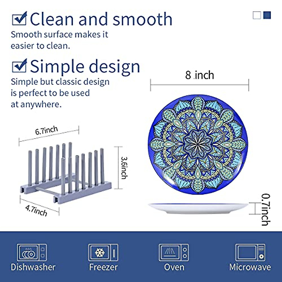 BFU 8 inch Porcelain Dinner Plates, Vintage Blue Plates Set of 6 for Dessert,Salad,Pasta, Pancakes, Steak,Appetizer,Microwave Safe Dinnerware - Bohemian Style