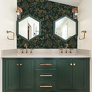 Wudnaye Green Vintage Floral Wallpaper Peel and Stick Wallpaper Dark Green and Gold Flower Leaf Butterfly Contact Paper 17.7" X 118.1" Removable Self Adhesive Boho Wallpaper for Bedroom Cabinets Decor