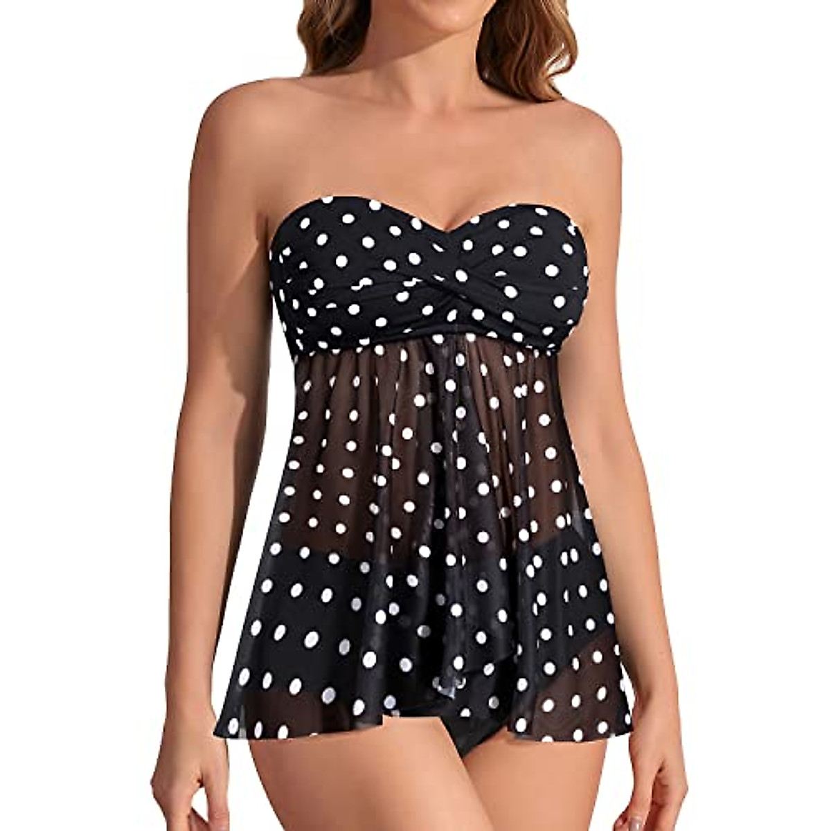 Tempt Me Womens Black Polka Dot Two Piece Bathing Suits Halter Bandeau Tankini Top Flyaway Swimsuit with Bottoms Tummy Control Swimwear L