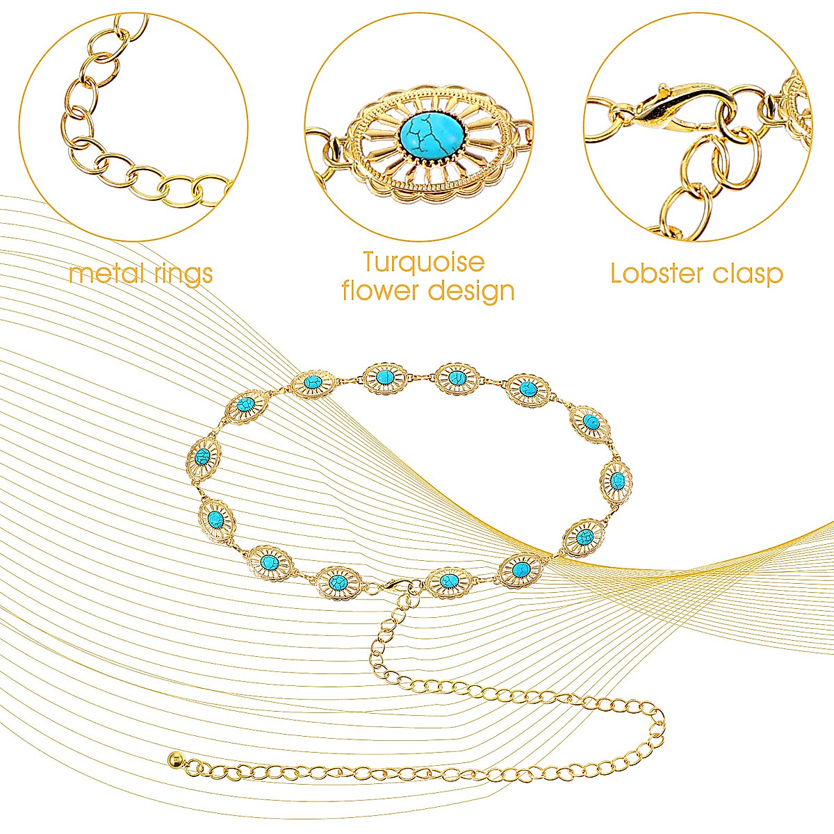 cobee Concho Chain Waist Belts for Women, Turquoise Western Metal Belt Adjustable Cowgirl Belt with Buckle for Jeans Dresses (Gold)