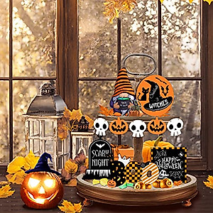 10 Pcs Halloween Tiered Tray Decorations Halloween Wooden Signs Decor with Boo Witch Hat, Cute Gnomes, Smiley Pumpkin, Haunted House Party Wooden Decor for Halloween Farmhouse Home Table Decor