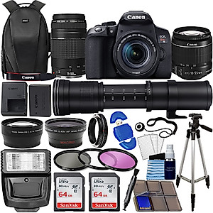 Canon EOS Rebel T8i DSLR Camera with 18-55mm Lens & 75-300mm Lens Bundle + 420-800mm Super Zoom Lens, Wide Angle & Telephoto Lens + 128GB Memory + Case + Tripod + 3pc Filter Kit + Pro Bundle, Black