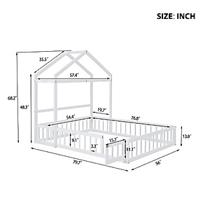 Merax Full Size Montessori Floor Bed with Fence and Door for Children Girls Boys, Wood Bed Frame with Full-Length Guardrails and Detachable House-Shaped Headboard,No Weight Limit, Kids Playroom, White