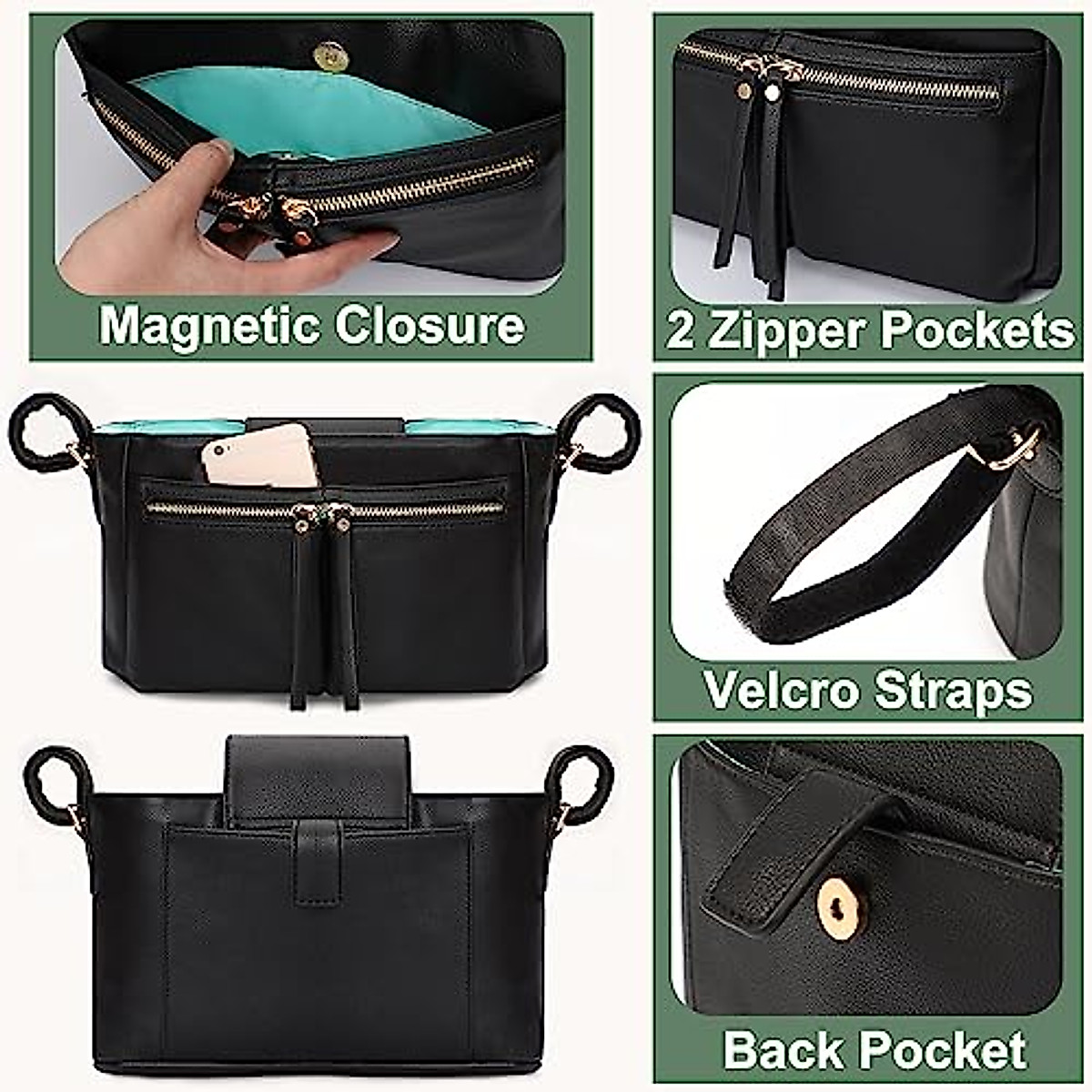MOMINSIDE Stroller Organizer with Insulated Cup Holders, 10 Pockets Stroller Accessories Leather, Universal Stroller Caddy, Adjustable Straps, Zippered Pocket, Fit All Strollers (Black)