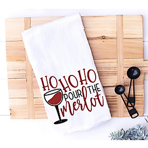 Handmade Funny Christmas Kitchen Towel - Ho Ho Ho Pour the Merlot - 28x28 Inch Perfect for Housewarming Christmas Hostess Gifts (Ho Ho Ho Pour the Merlot)