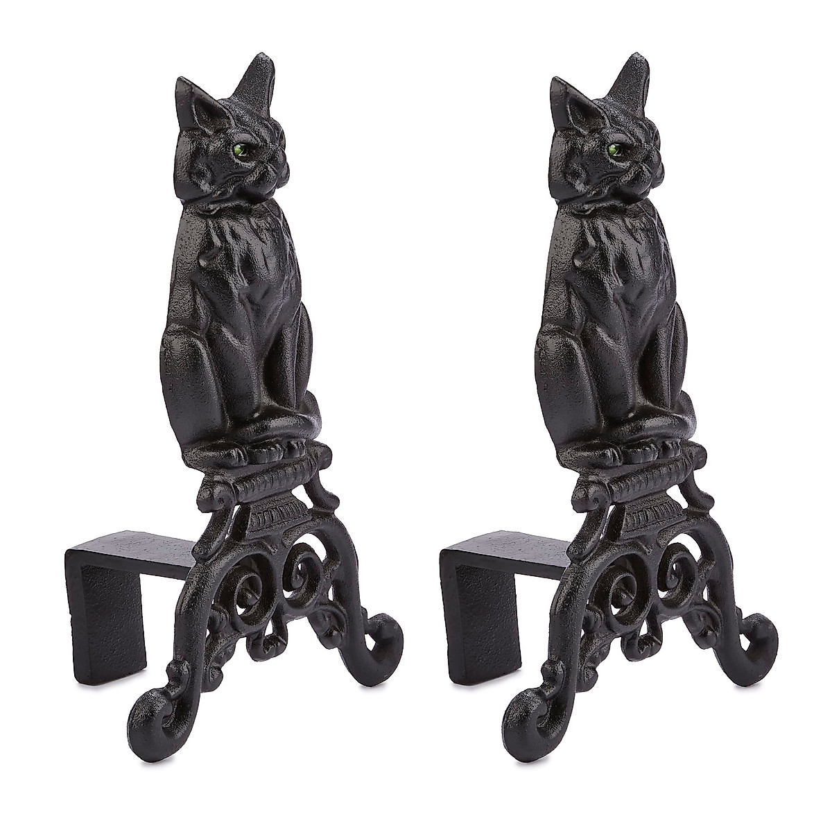 UniFlame, A-1251, Black Cast Iron Cat Fireplace Andirons with Reflective Glass Eyes
