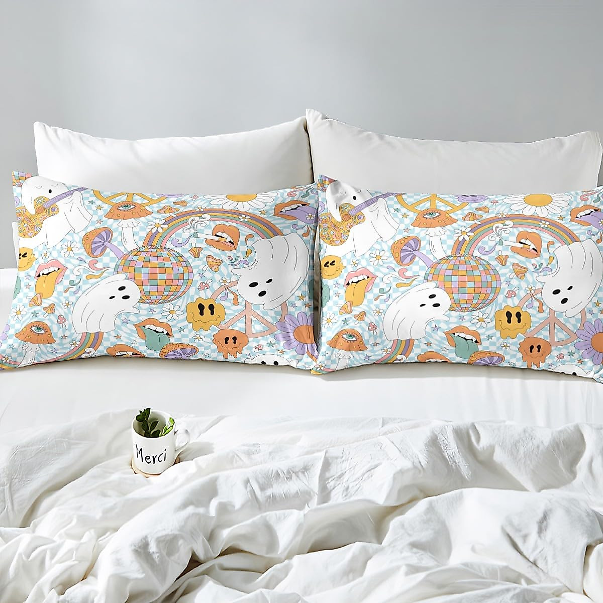 Erosebridal Cartoon Ghost Duvet Cover Rainbow Bedding Set Full,Hippie Groovy Flowers Comforter Cover Gothic Bed Set Cute Mushroom Peace Symbol Boho Floral Kawaii Halloween Decorations Indoor