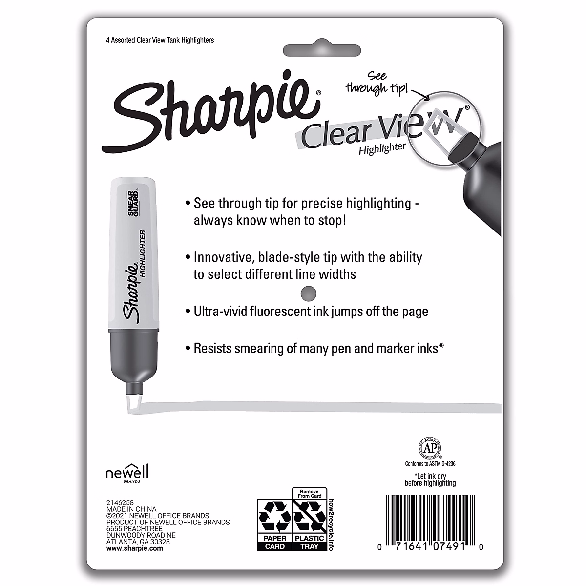 SHARPIE Clear View Highlighters, Chisel Tip, Assorted Colors, 4 Count