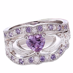suchadaluckyshop 3PCs Irish Claddagh Celtic Heart Amethyst 925 Silver Wedding Ring Bridal Set New (10)