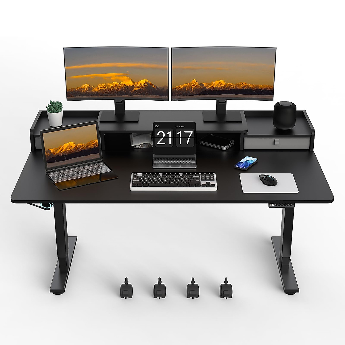 ExaDesk 63×30 Inch Electric Standing Desk with 2 Drawers, Adjustable Height Widened Stand Up Desk with Storage Shelf, Sit to Stand Ergonomic Workstation for Home Office