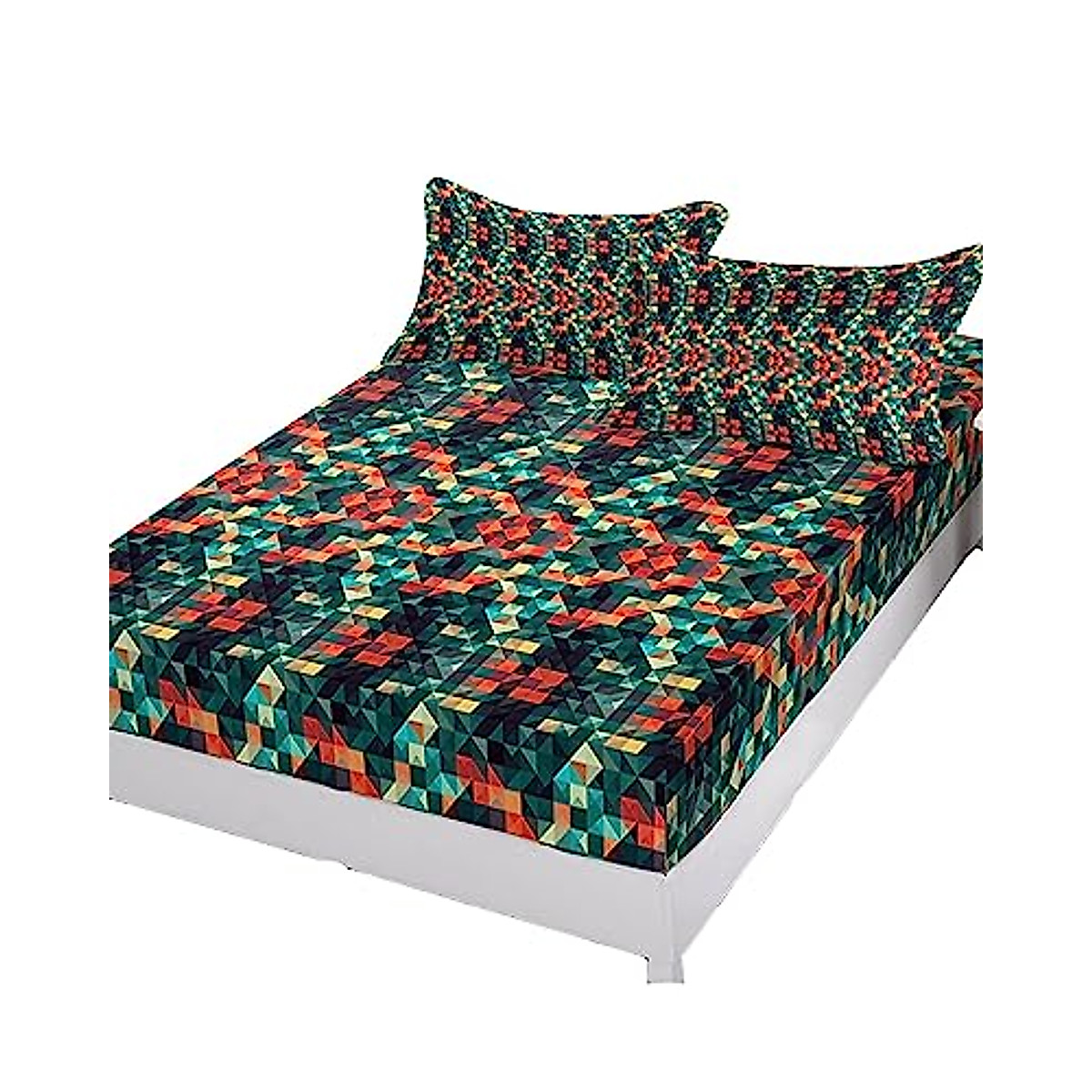 Abstract Colorful Mosaic Tile Art Fitted Bed Sheets Full Size Fit 5-16inch Deep Pockets,Luxury Bottom Sheet Bedding Set with Pillow Case,Seamless Texture Geometric Square Fitted Sheet for Mattress