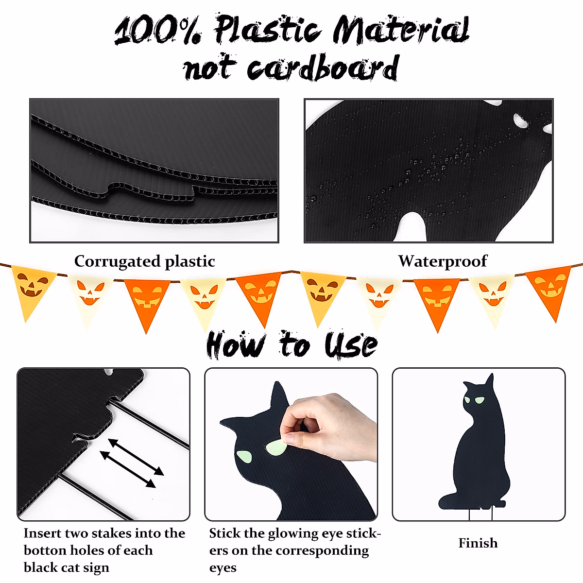 Leyaron 6 Pack Black Cat Yard Signs Halloween Decor with 12 Metal Stakes, Scary Black Cat Halloween Outdoor Decorations with 6 Pairs Glowing Eyes for Home Yard Garden Lawn Party Props Supplies