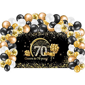 Kauayurk 70th Birthday Banner Backdrop Decorations & Balloon Garland Arch Kit for Men Women, Gold Extra Large Cheers to 70 Years Birthday Party Supplies, Seventy Birthday Poster Photo Booth