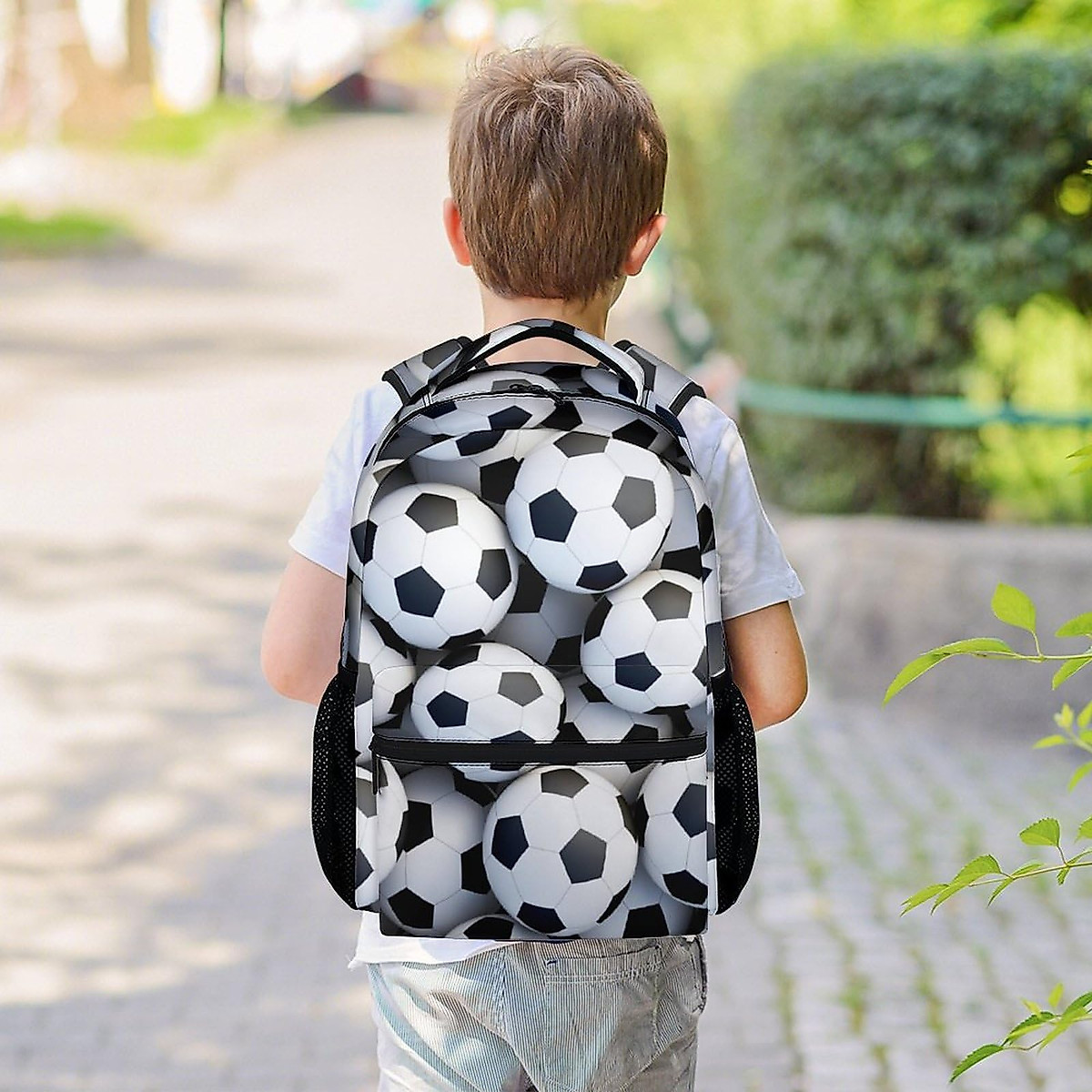 NICEFORNICE Soccer Backpacks Kids, 16 Inch Cute Backpack for School, White Lightweight Bookbag for Boys