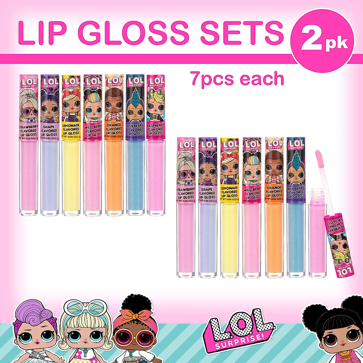 L.O.L Surprise! 14pc Lip Gloss for Girls, Lol Lip Gloss Set Value Pack, 14 Assorted Fruit Flavored Lip Glosses, Non Toxic, Kid Friendly, Party Favors, Gift For Kids