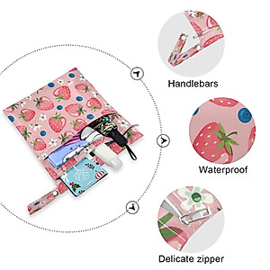 Kigai 2pcs Wet Dry Bags for Baby Cloth Diapers Strawberry Pattern Waterproof Reusable Wet Bag with Two Zippered Pockets Swimsuits & Wet Clothes Organizer for Travel Beach Pool Daycare Yoga Gym