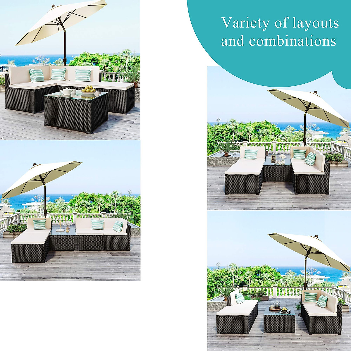 5-Piece Outdoor Furniture Sofa Set, Patio Rattan PE Wicker Furniture Corner Sofa Set, All-Weather Wicker Rattan Conversation Set with Cushions and Glass Table (Beige + Rattan)