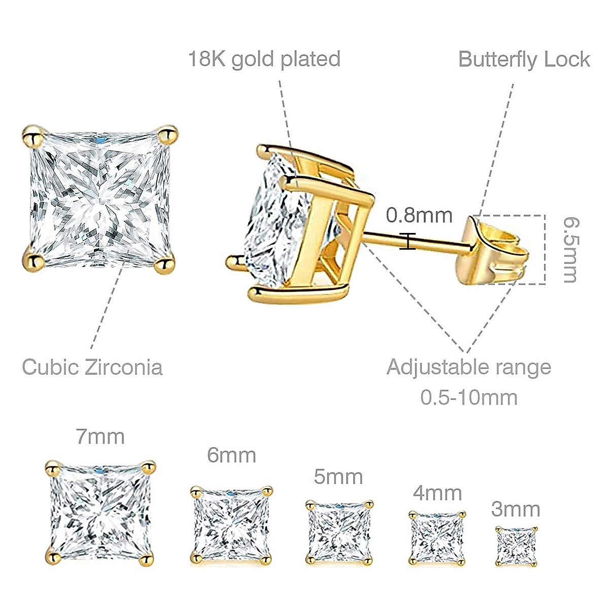 GEMSME 18K Gold Plated Princess Cut Clear Cubic Zirconia Stud Earrings Pack of 5 (gold)