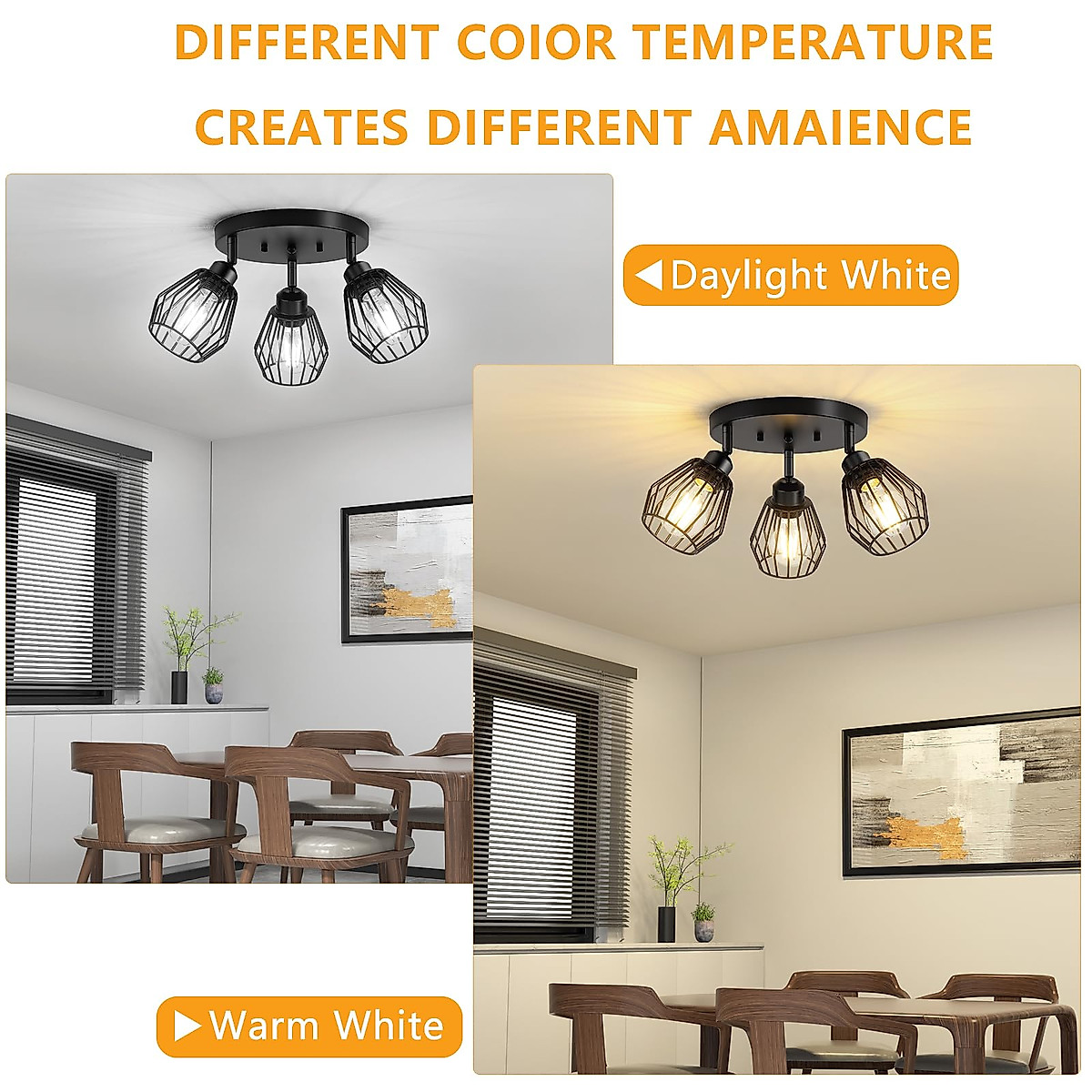 Baocuz 3-Light Kitchen Light Fixtures Ceiling Mount, Adjustable Multi-Directional Ceiling Fixture, Farmhouse Black Metal Cage Flush Mount Ceiling Light Fixtures for Hallway Dining Room Entryway